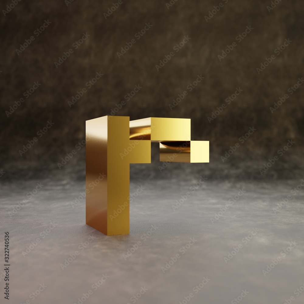 Pixel letter R lowercase. Golden glossy font on dark leather background ...