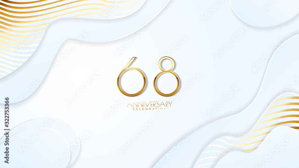 68th anniversary celebration. Golden number with realistic fluid white ...