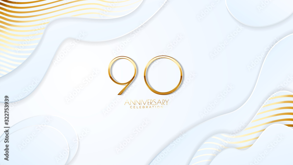 90th anniversary celebration. Golden number with realistic fluid white ...