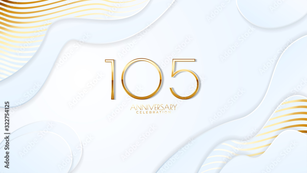 105th anniversary celebration. Golden number with realistic fluid white ...