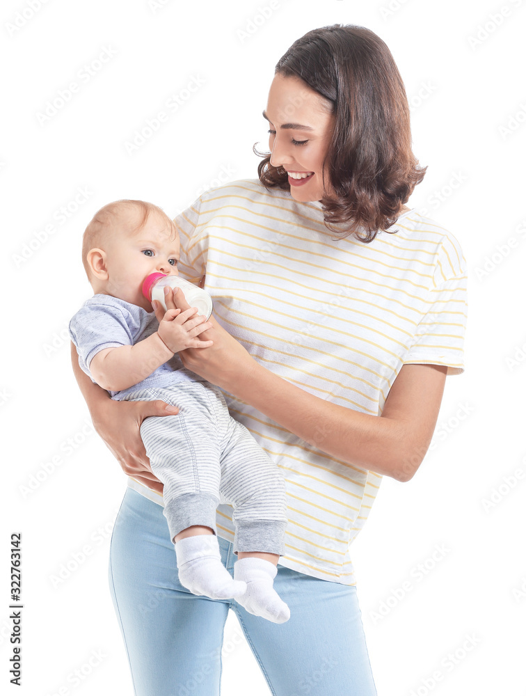Mother feeding baby with milk from bottle on white background Stock ...