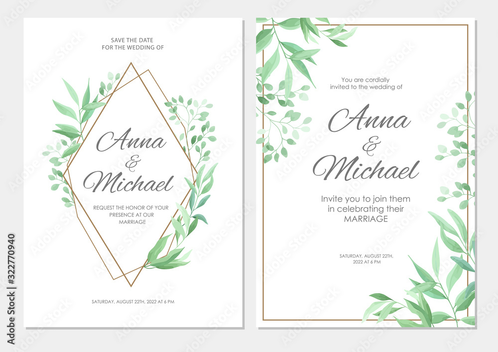 Wedding invitation with green leaves geometric border. Floral invite ...