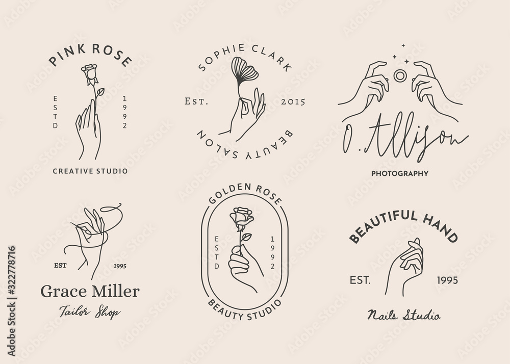 A set of women's hand logos in a minimalistic linear style. Vector ...
