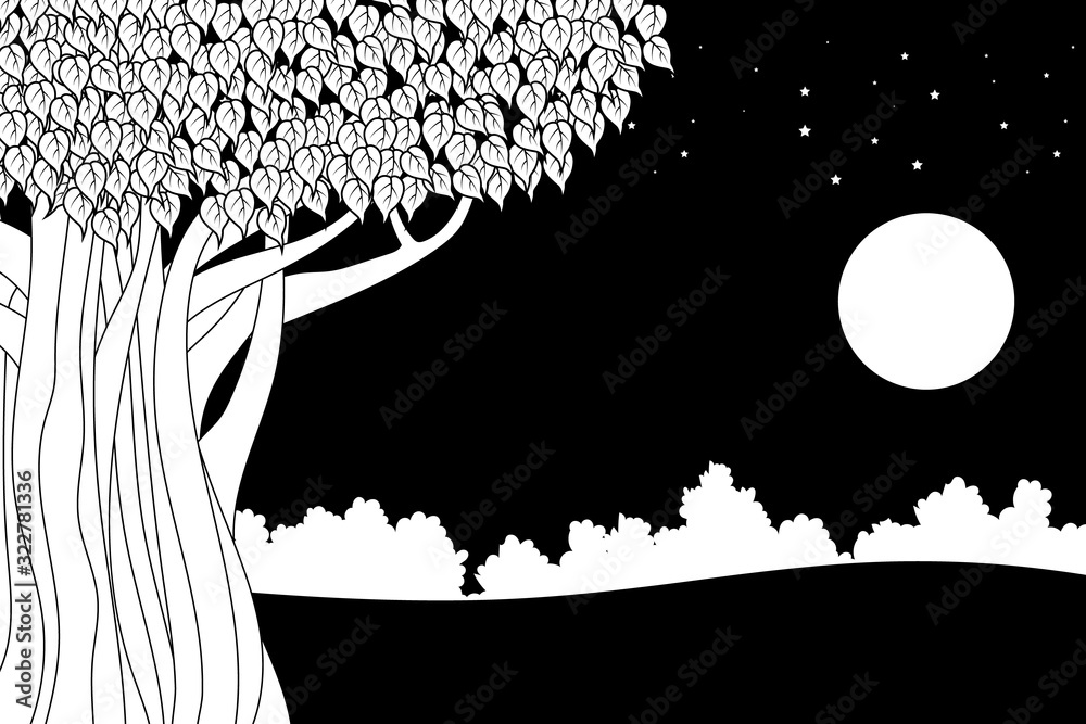 Black and white color the Bodhi tree has bushes and a full moon with ...