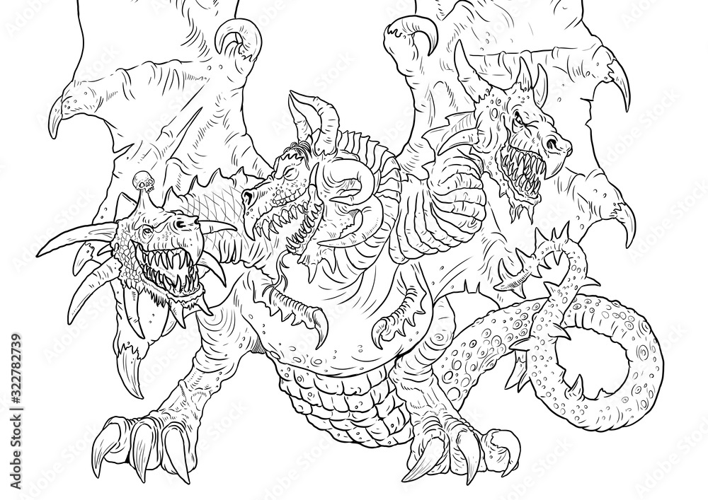 Three headed dragon coloring page. Outline illustration. Dragon drawing ...