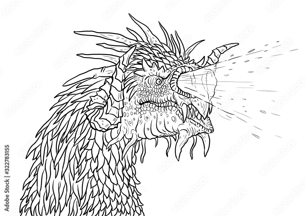 Dragon head coloring page. Outline illustration. Dragon drawing ...
