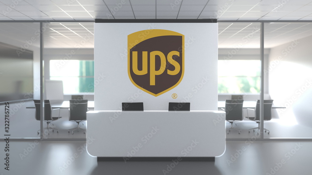 UPS logo above reception desk in the modern office, editorial ...