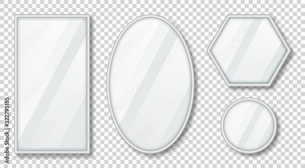 Vecteur Stock Set of mirrors with reflection in silver frame. Realistic ...