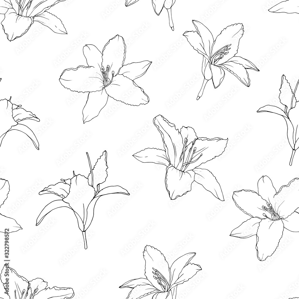 Vector seamless floral pattern with black outline flowers lilies on ...