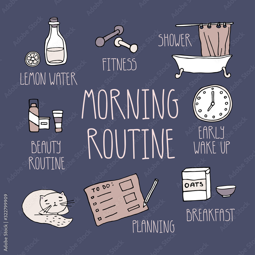 Morning routine infographics including fitness, lemon water, shower ...