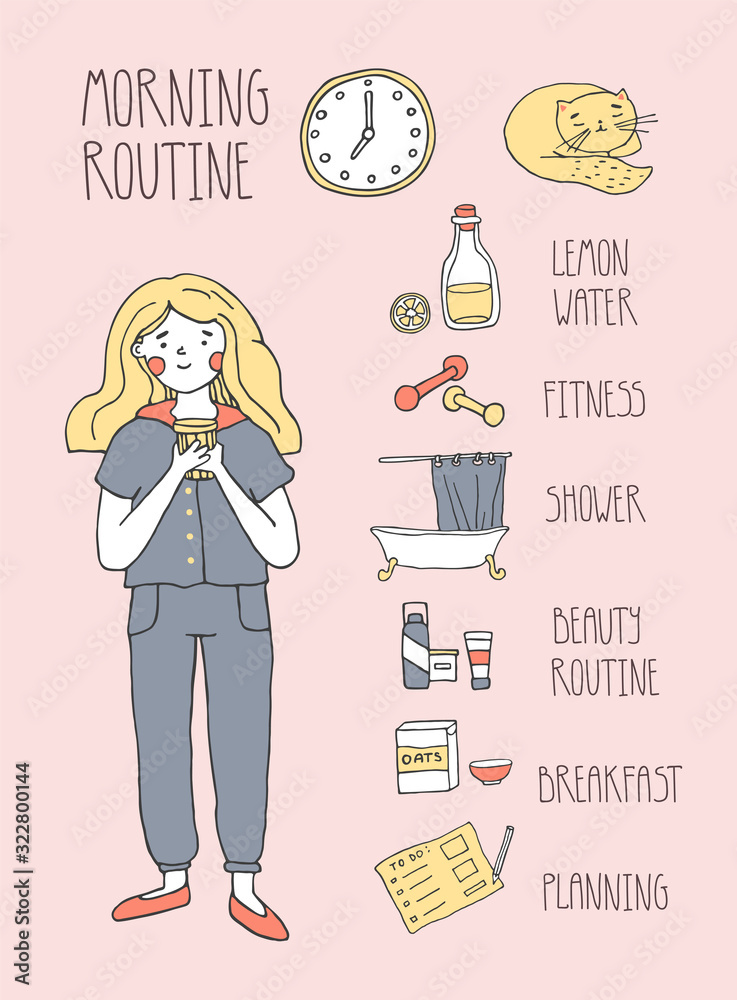A young girl doing her morning routine including fitness, drinking ...