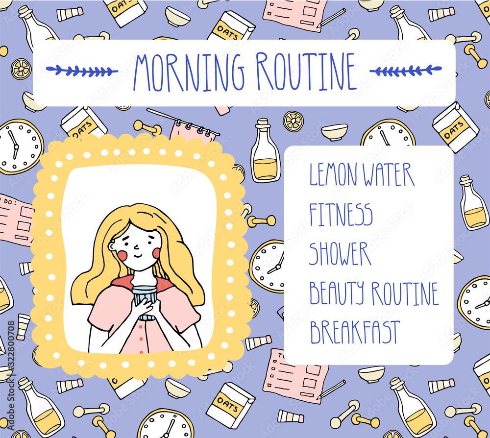 A young girl morning routine planner including fitness, drinking lemon ...