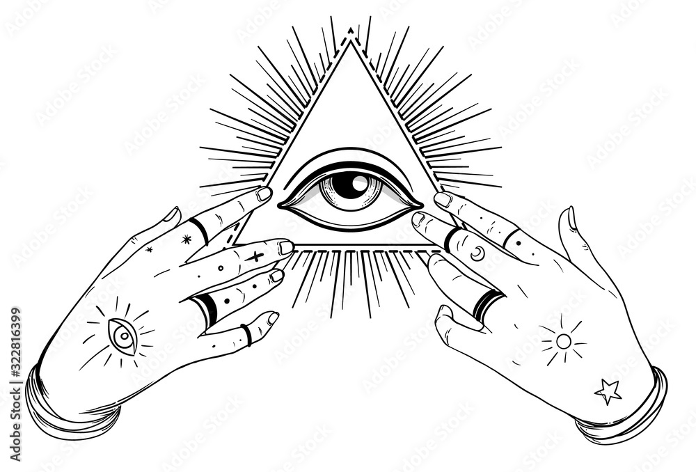 Human hands open around masonic symbol all seeing eye over sacred heart ...