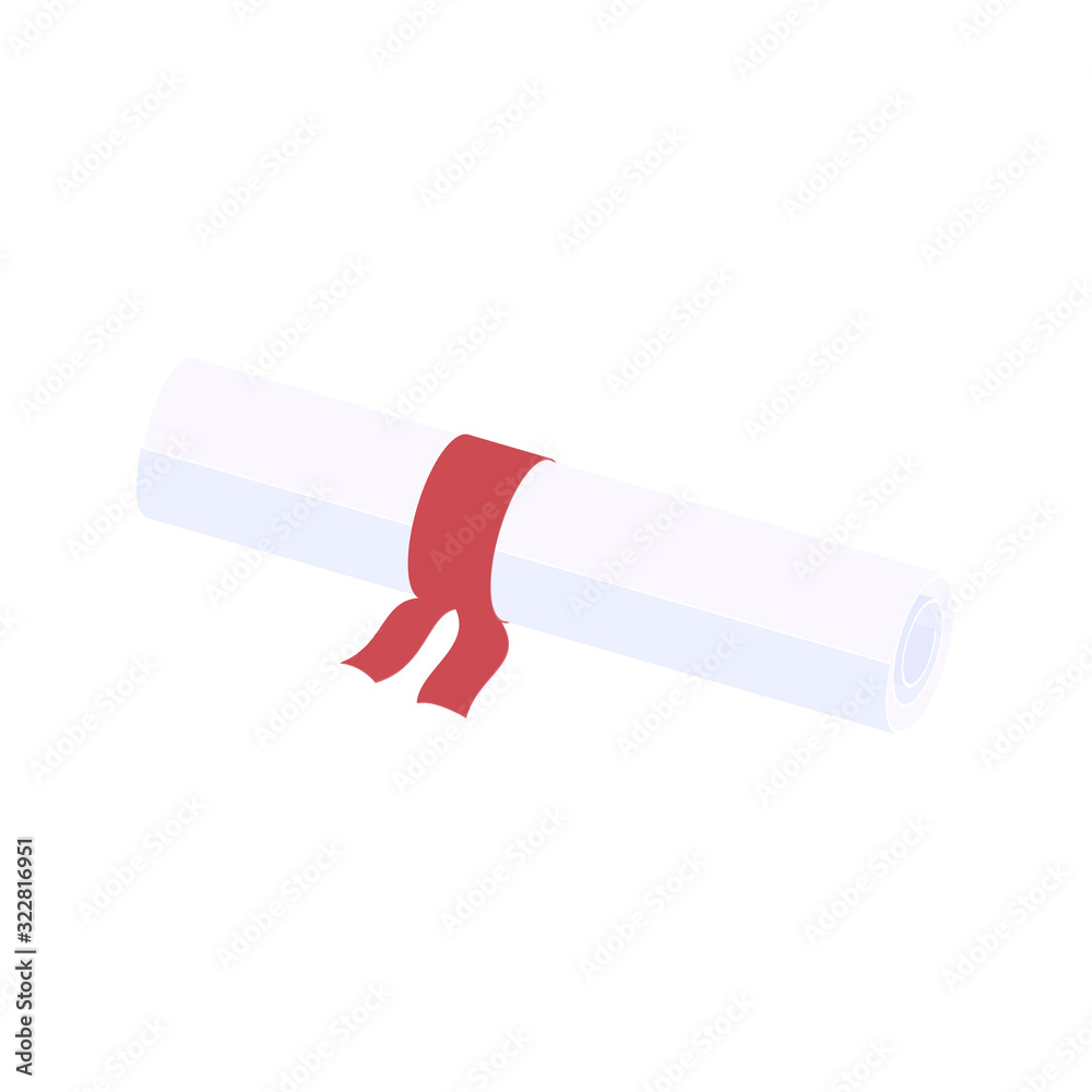 Diploma or certificate isometric - white sheet of paper scrolled into ...