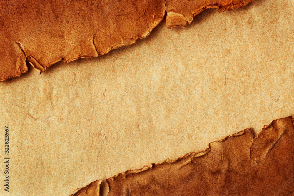 Top view of two torn crumpled old ancient pieces of paper located ...