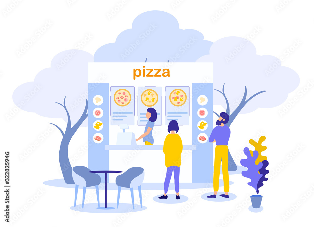 Cartoon Man and Woman Characters Ordering Pizza at Mobile Snack Street ...