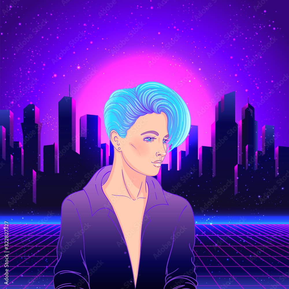 Portrait of a young pretty androgynous woman with short shaved pixie ...