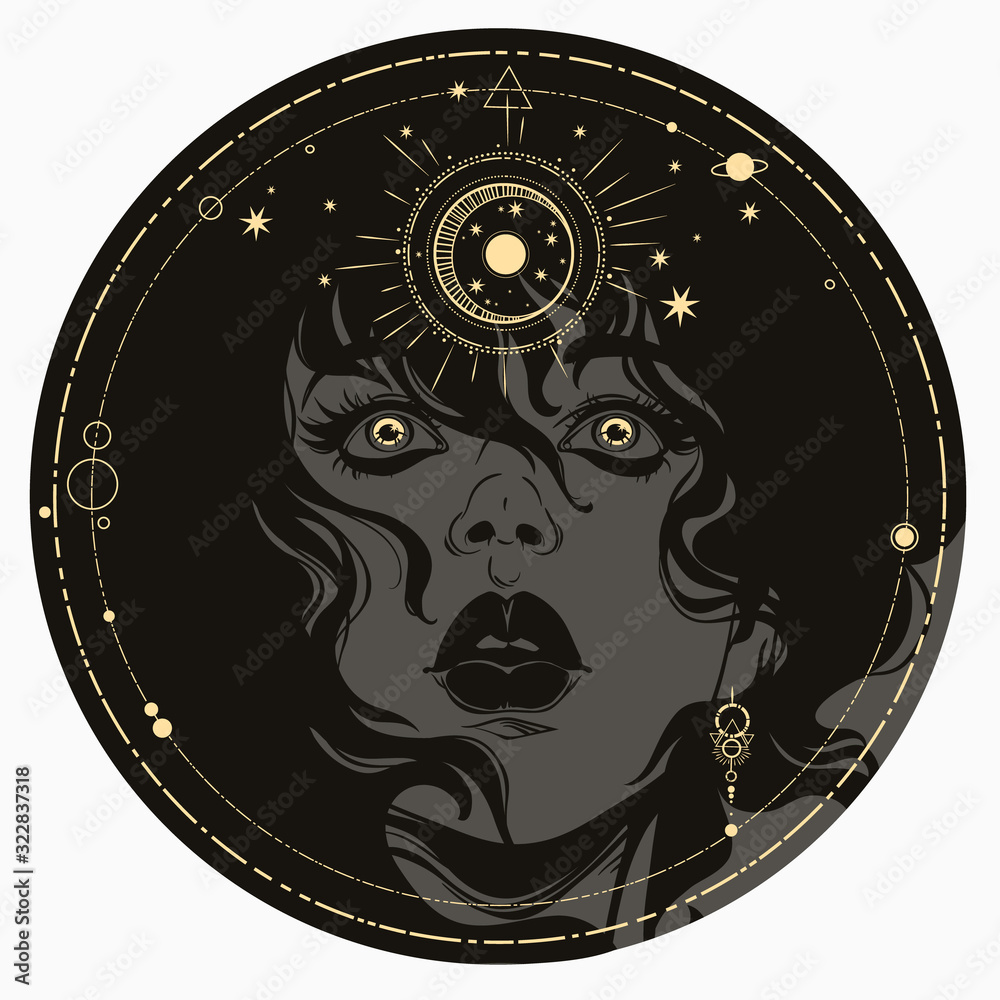 Mystical face of a girl with gold jewelry Stock Vector | Adobe Stock