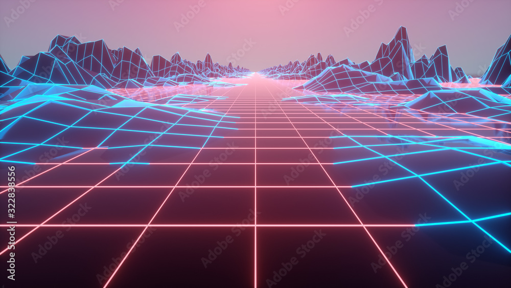 Retro futuristic background 1980s style. Digital landscape in a cyber ...