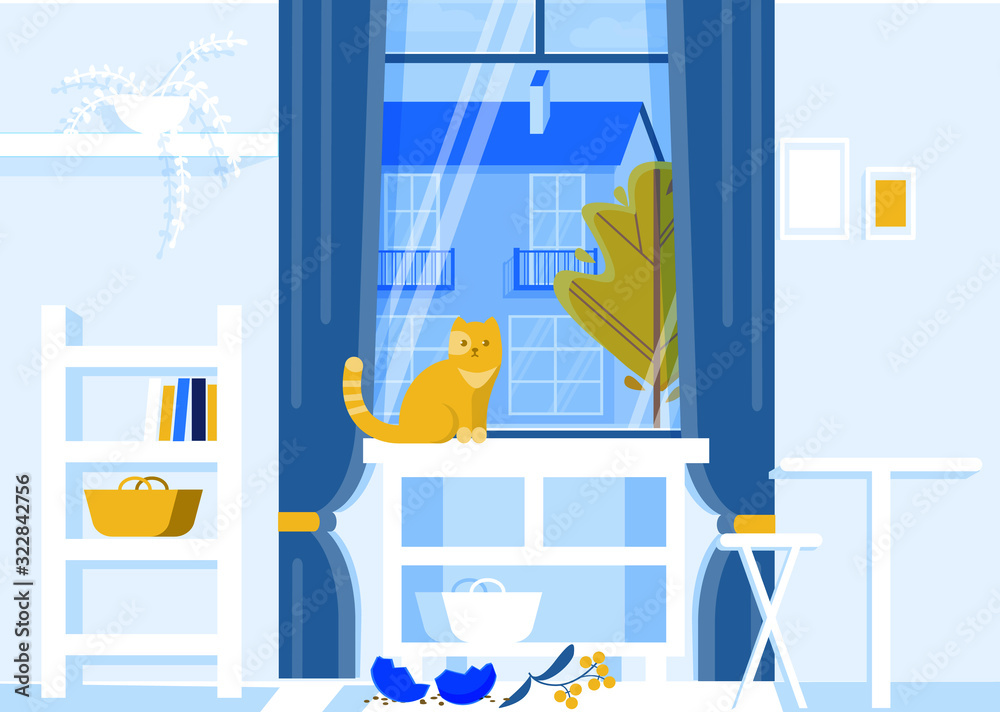 Cat Playing in Living Room Sitting on Table Flat Cartoon Vector ...