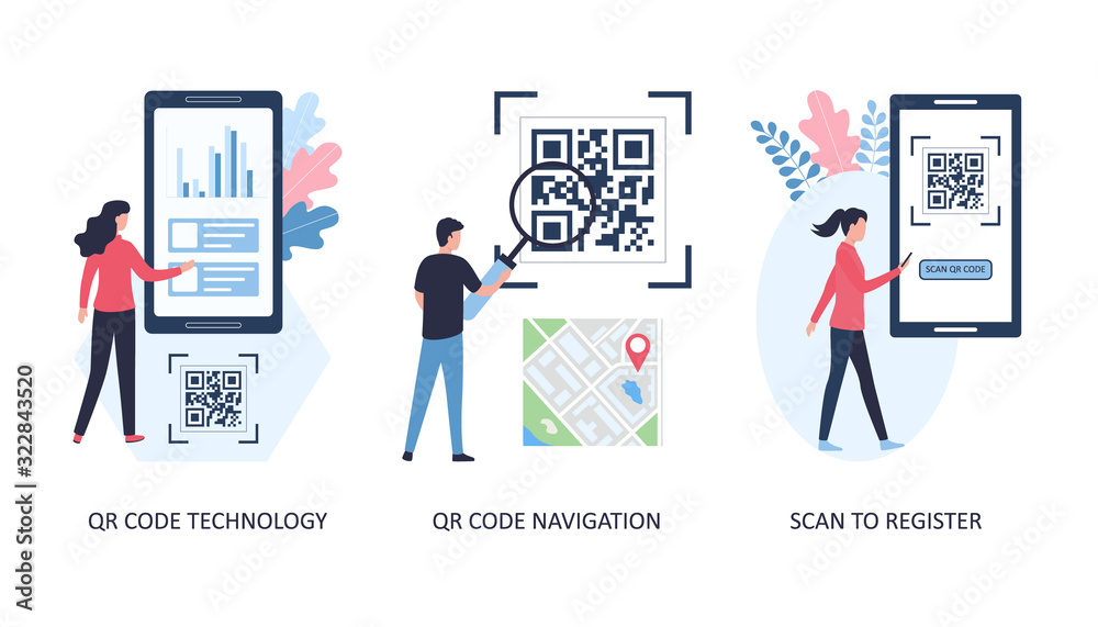 Concepts QR code navigation, registration and technology. Set of 3 ...