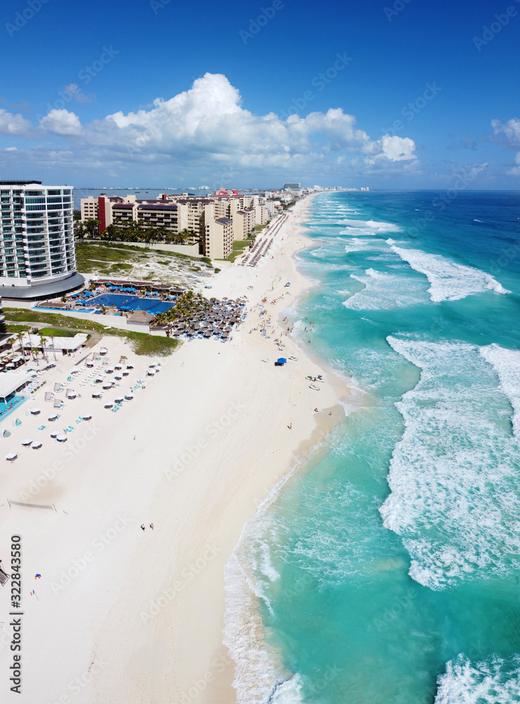 Cancun beach and hotel zone aerial view, Cancun, Quintana Roo QR ...