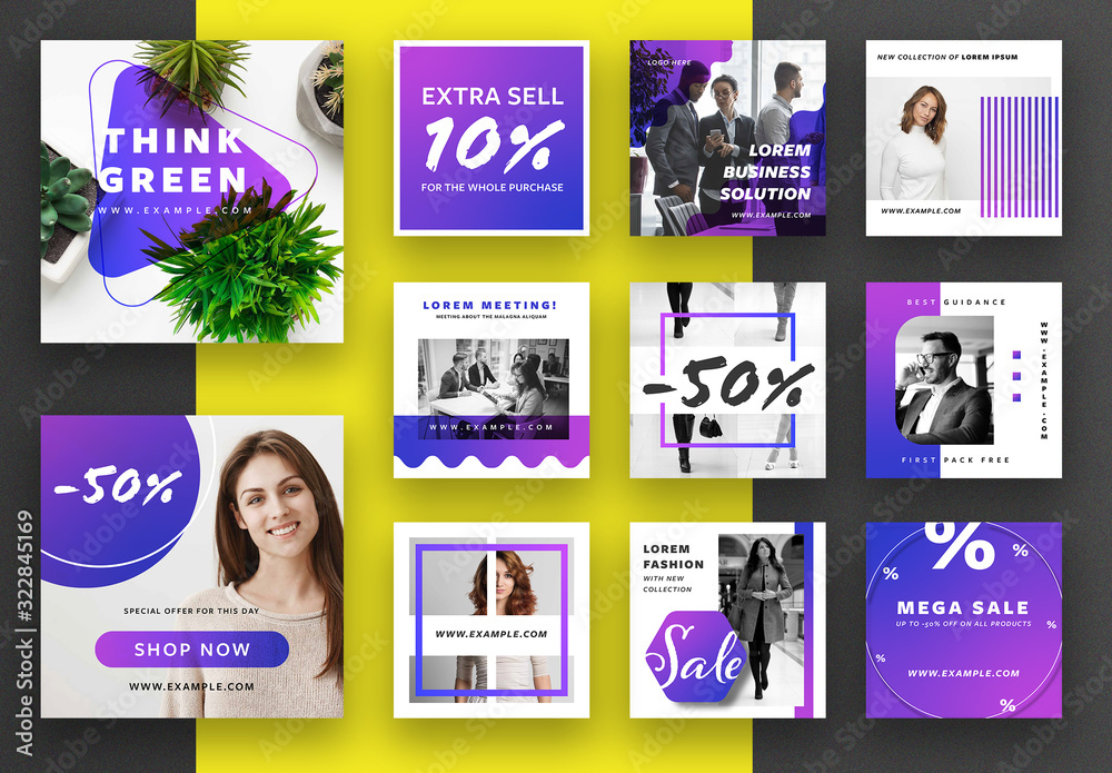 Social Media Post Layout Set with Blue and Purple Gradient Overlays ...