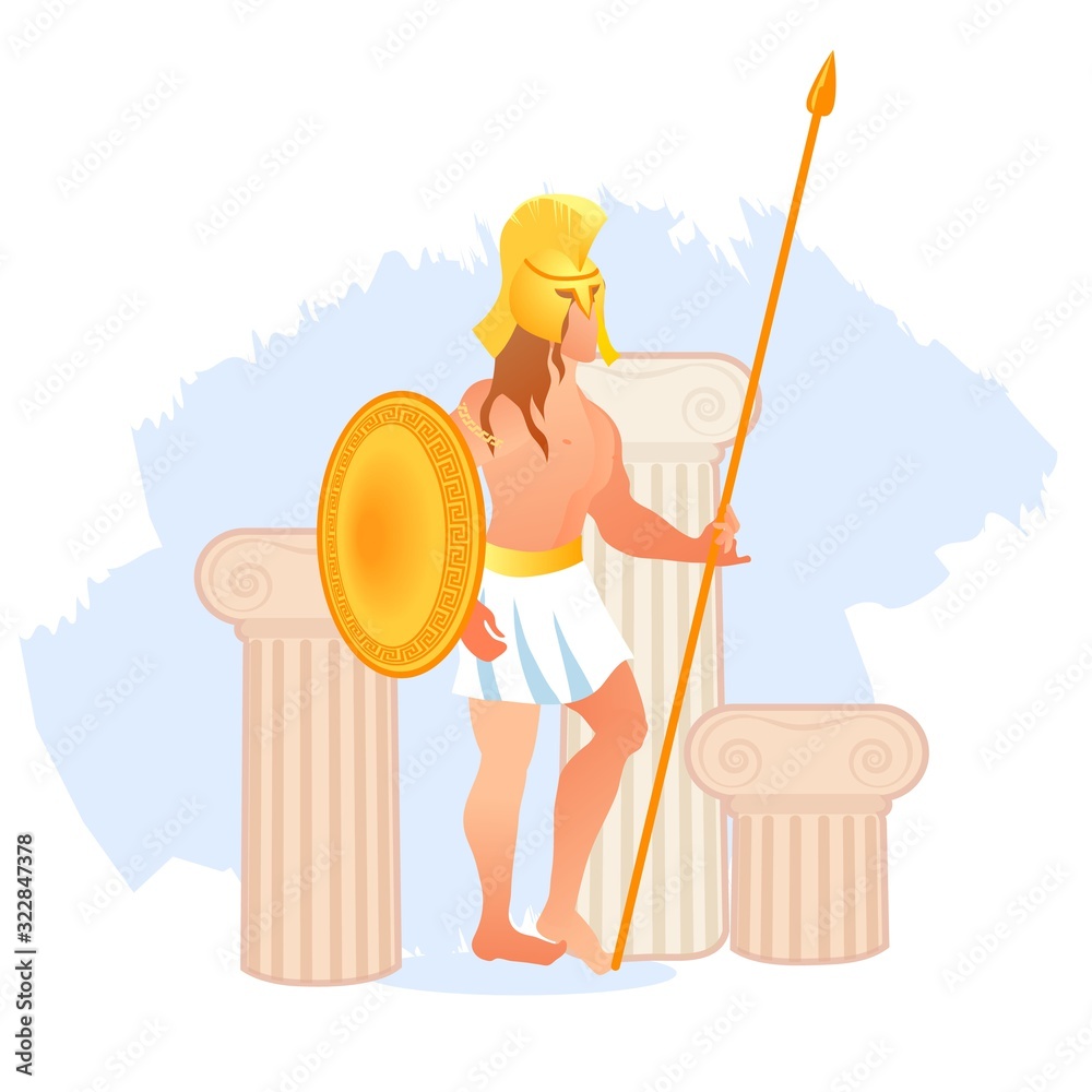 Ancient Greece Olympian God of War Ares or Mars in Helmet with Spear in ...