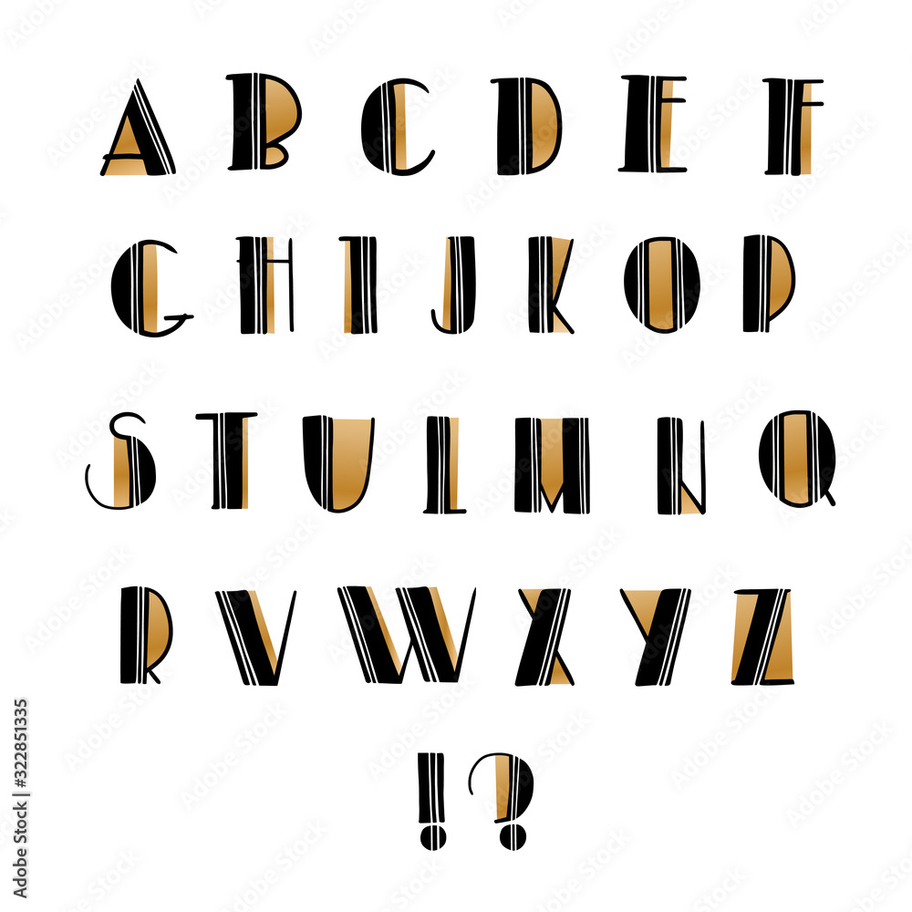 Hand written alphabet set font. All latin letters are black and gold ...