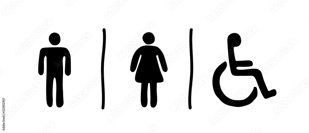 Toilet signs. Bathroom symbols man, woman and disabled icons. Hand ...