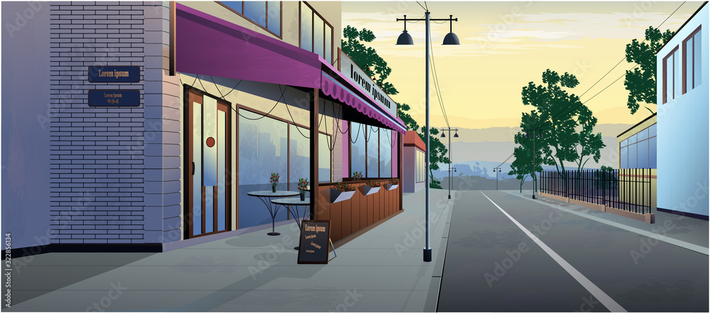 Daytime landscape. Cafe on the street, at home, road. Vector graphics ...