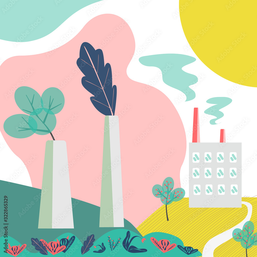 Сarbon neutral. Plant or factory without dirty polluting, neutral CO2 ...