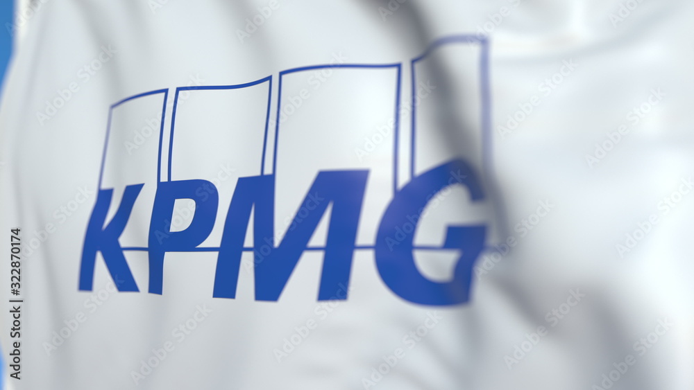 Waving flag with KPMG logo, close-up. Editorial 3D rendering Stock ...