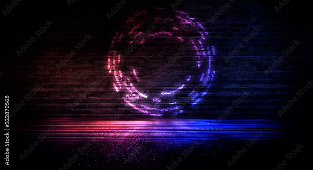 Dark street, room, night city, neon light. Old brick wall texture ...
