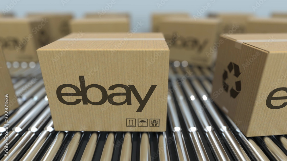 Carton boxes with EBAY logo move on roller conveyor. Realistic 3D ...