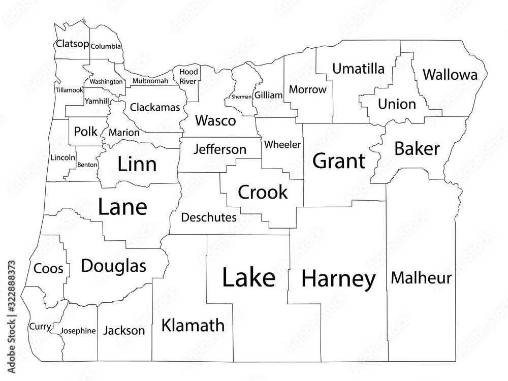 White Outline Counties Map With Counties Names of US State of Oregon ...