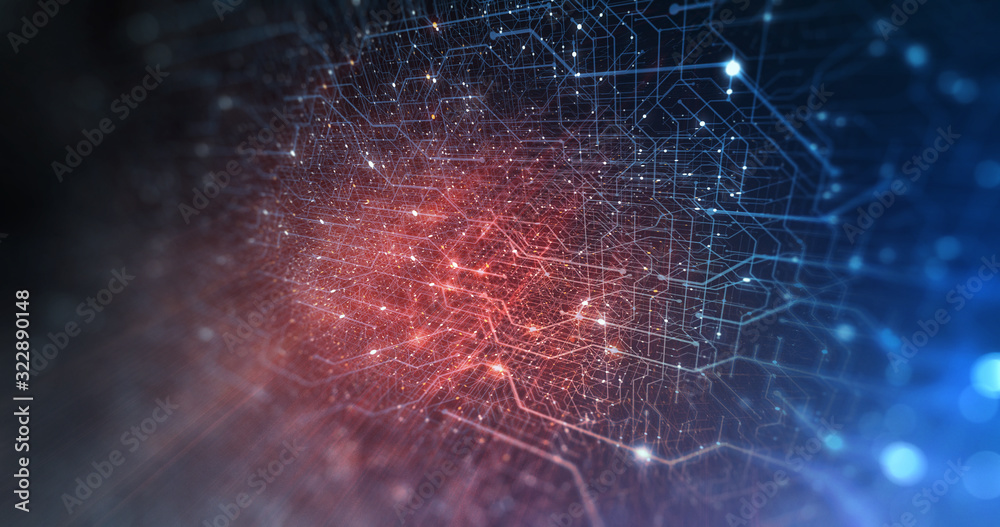 Abstract tech background made of printed circuit board. Depth of field ...