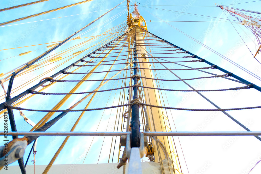 Ratlines (lines used to climb up the mast), mast and rigging of a ...