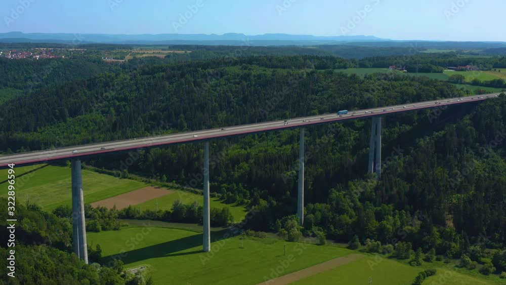 Aerial of Autobahn bridge Neckarblick in Germany in the black forest ...