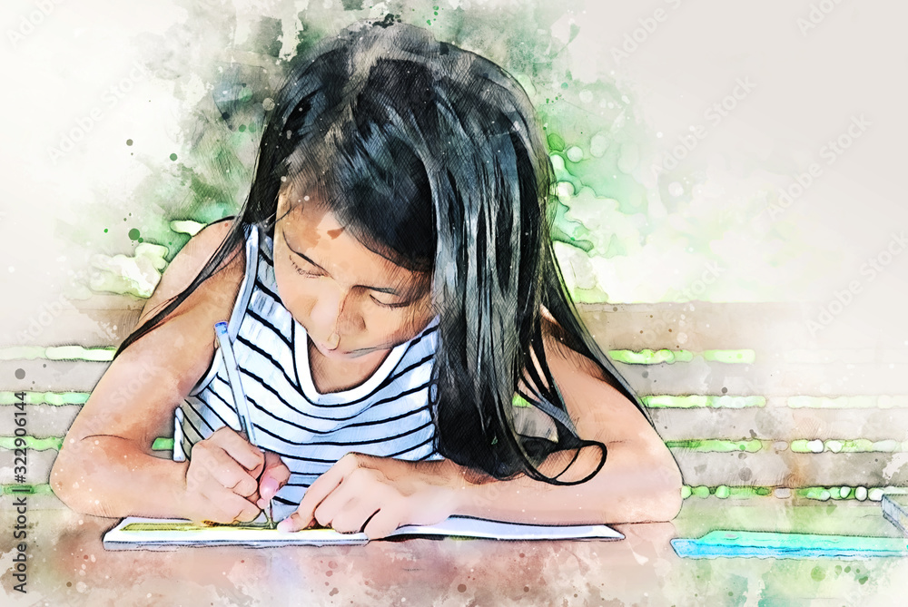 Abstract colorful girl kids learning and working homework on watercolor ...