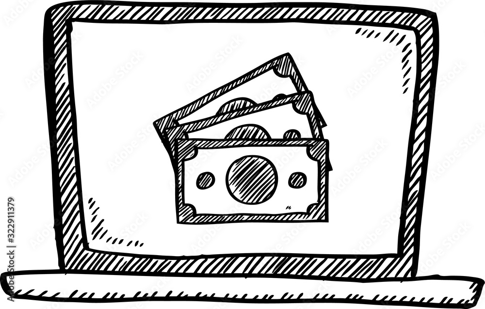 Cartoon style doodle of notebook with money on screen. Sketch style ...