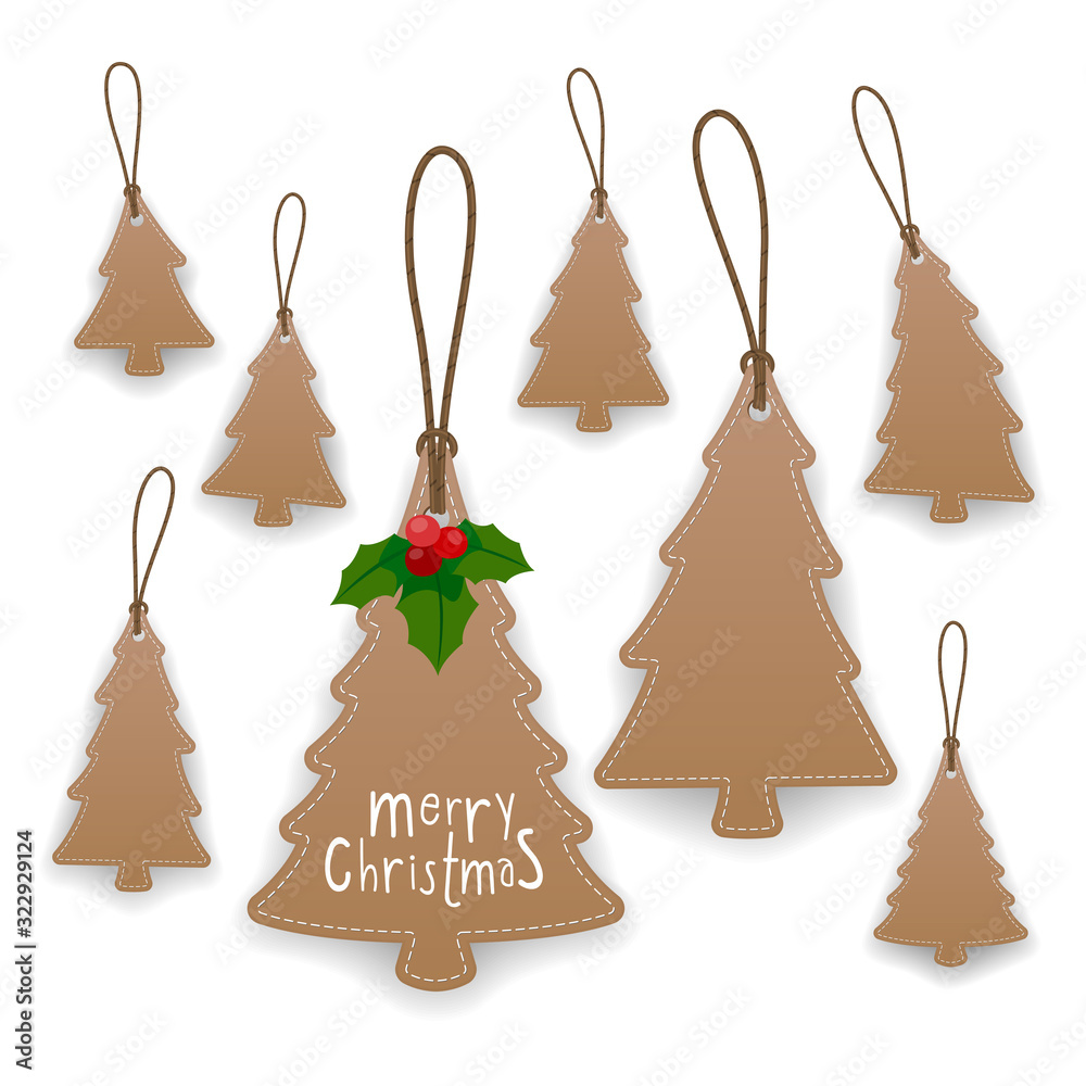 Collection of Christmas tree hanging tags with rope. Kraft paper labels ...
