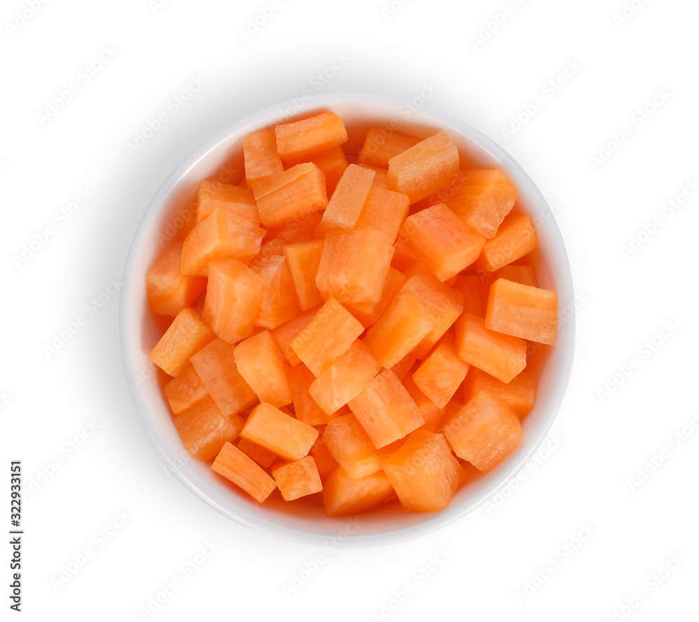 Brunoise carrots in white bowl isolated on white background, top view ...