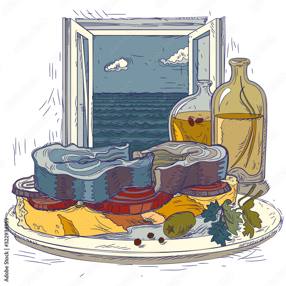 Drawn sandwich with sea fish on a plate, against the background of an ...