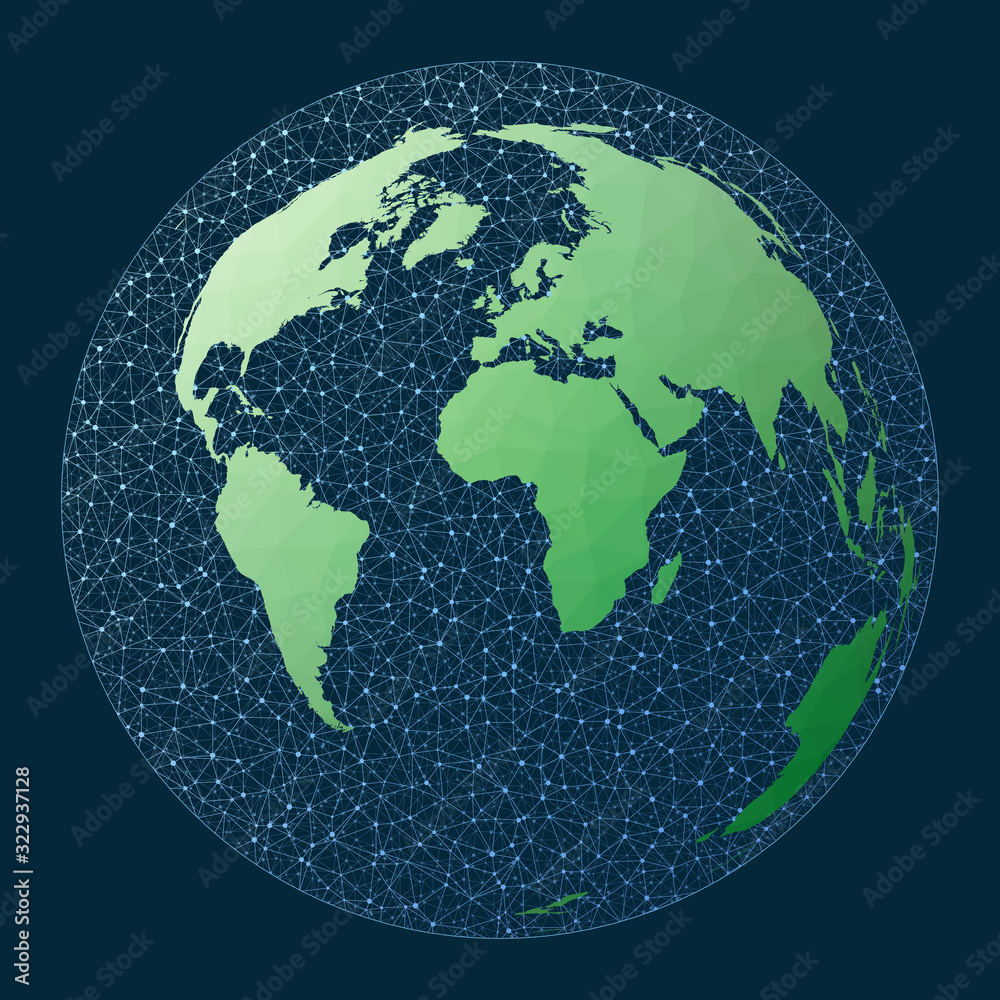World map connection. Azimuthal Equal Area projection. Green low poly ...