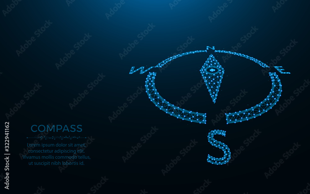 Compass low poly design, Earth's magnetic poles wireframe mesh ...
