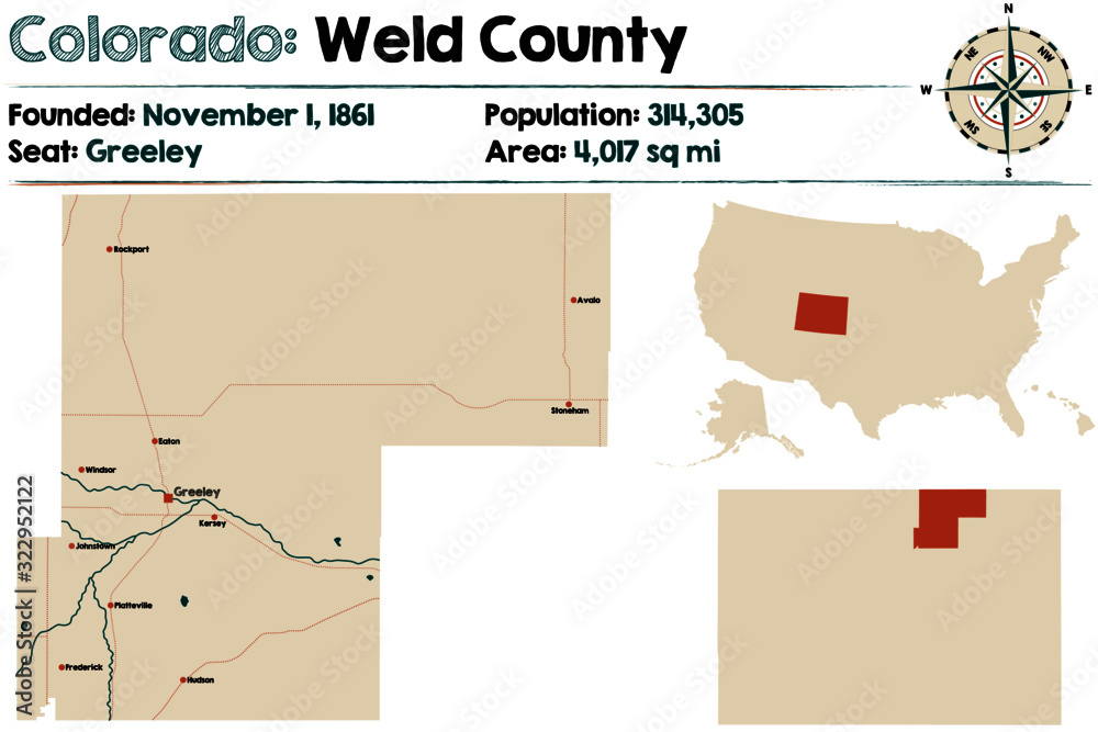 Large and detailed map of Weld county in Colorado, USA. Stock Vector ...