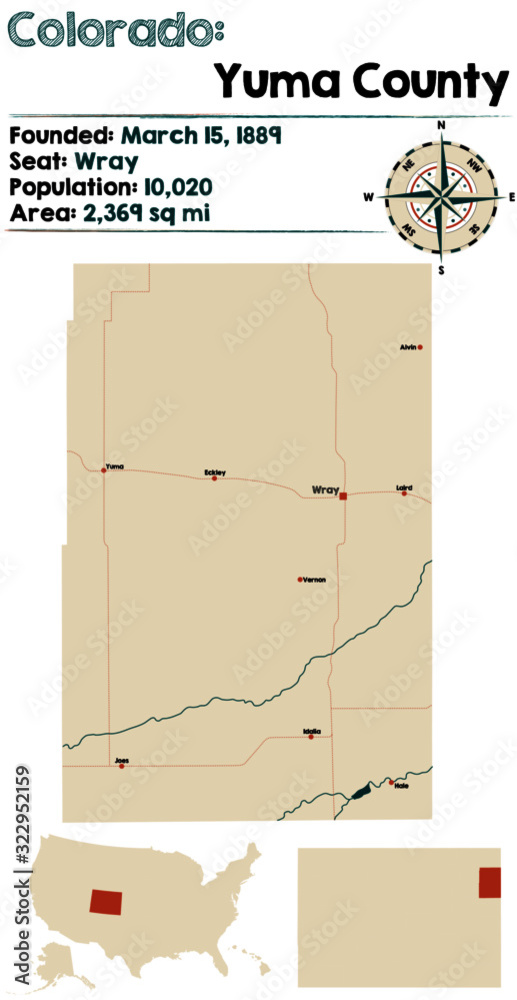Large and detailed map of Yuma county in Colorado, USA. Stock Vector ...