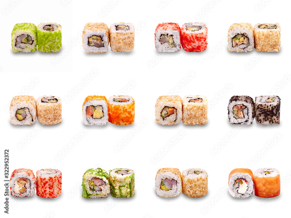 Japanese food restaurant delivery, sushi set front view. Isolated on ...