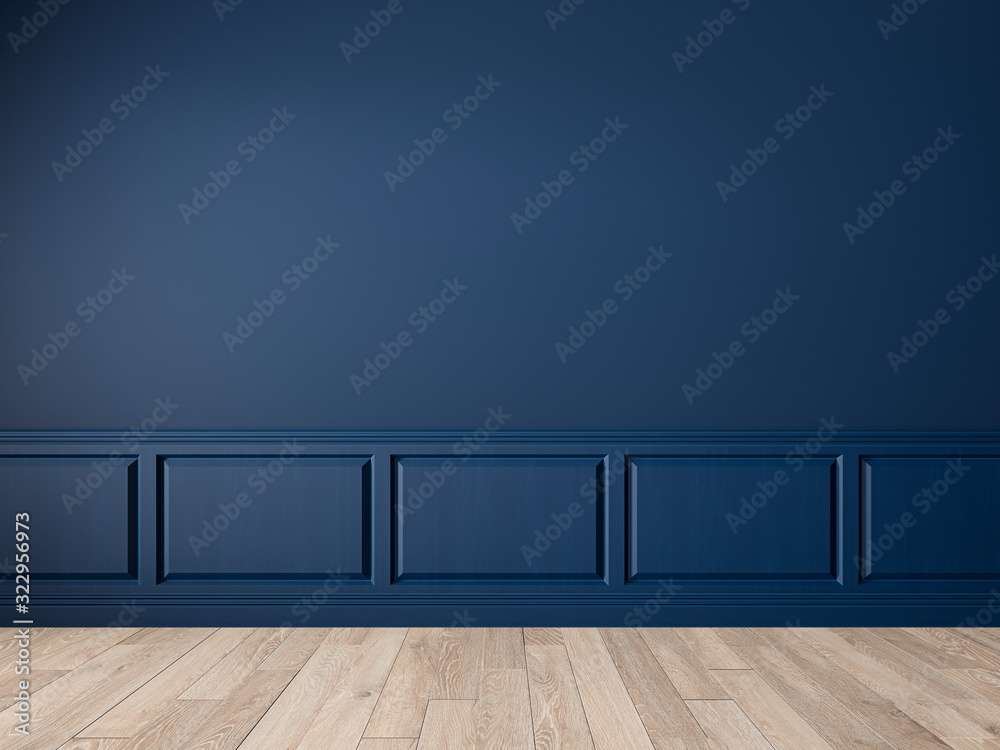 Classic royal blue trend color, blank wall interior with wall panel ...